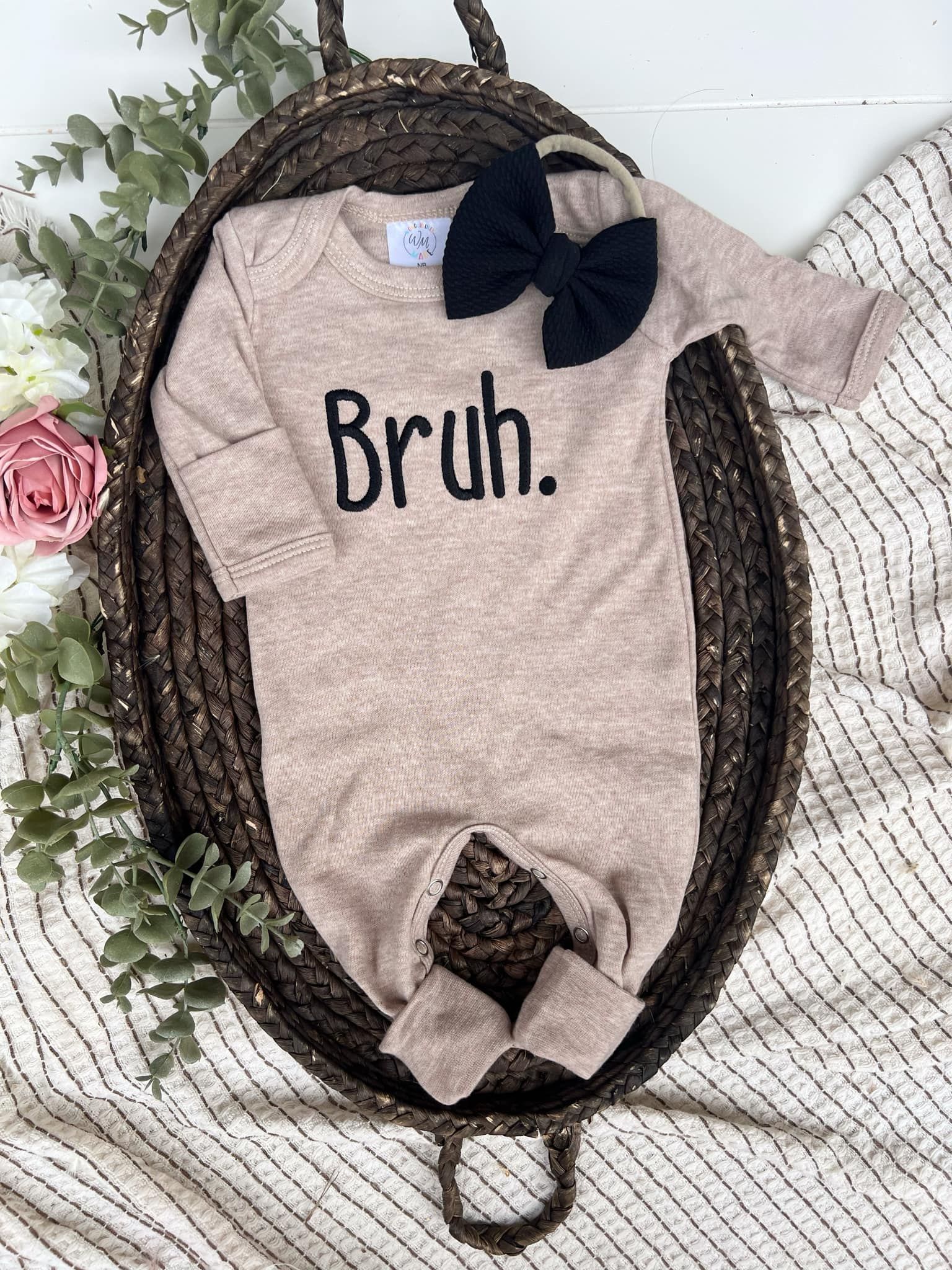 Baby Outfit | Mocha Brown Romper Black Embroidered Bruh. – Wonderfully Made