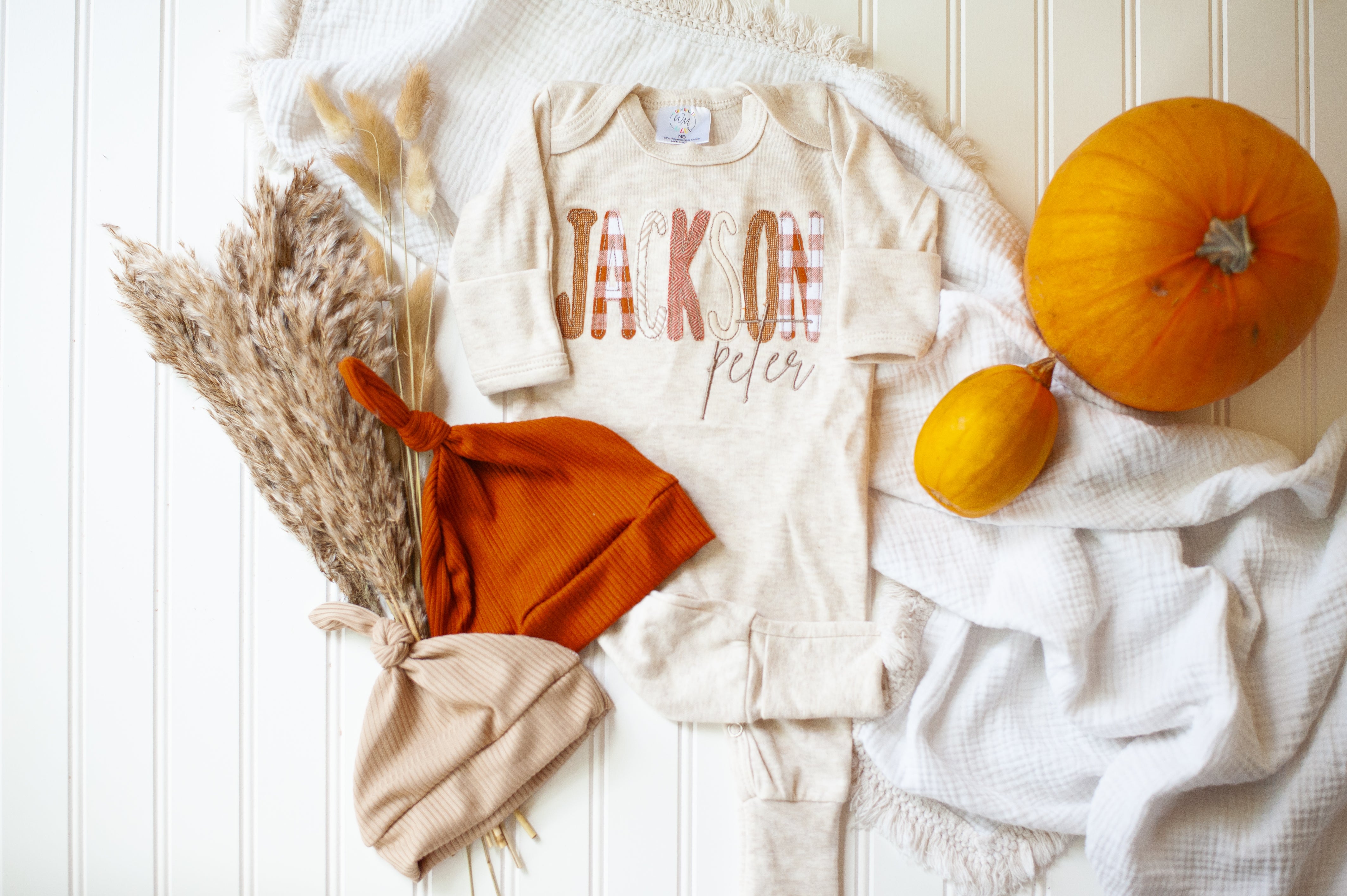 Personalized Baby Boy Outfit | Oatmeal Romper Autumn Rust Baby Name ...