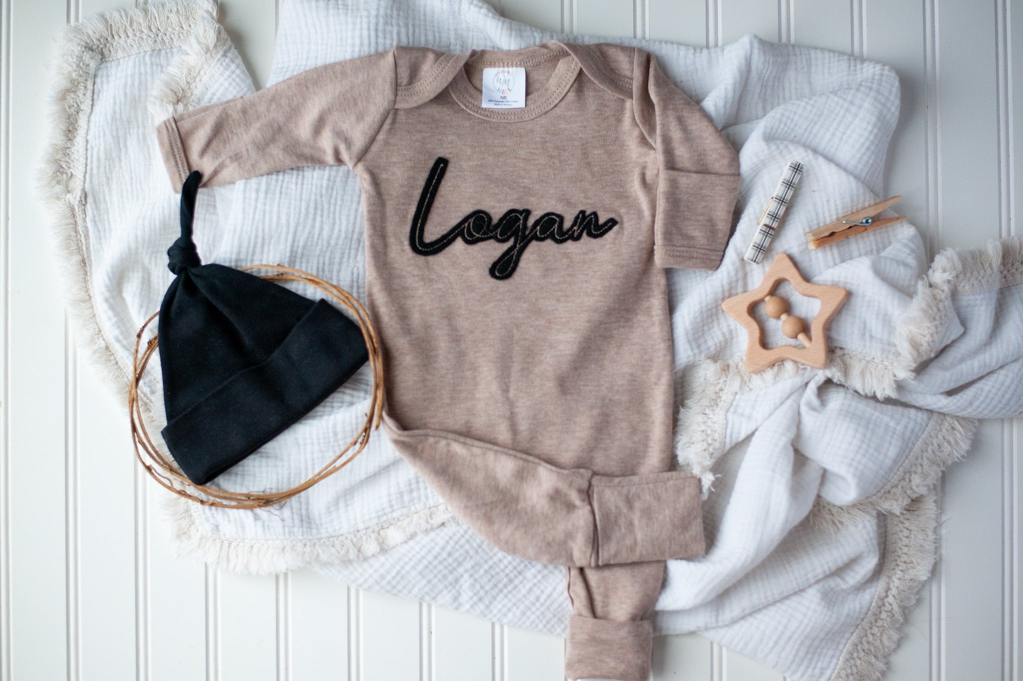 Personalized Newborn Baby Boy Outfit | Mocha Brown Romper Black Felt B ...