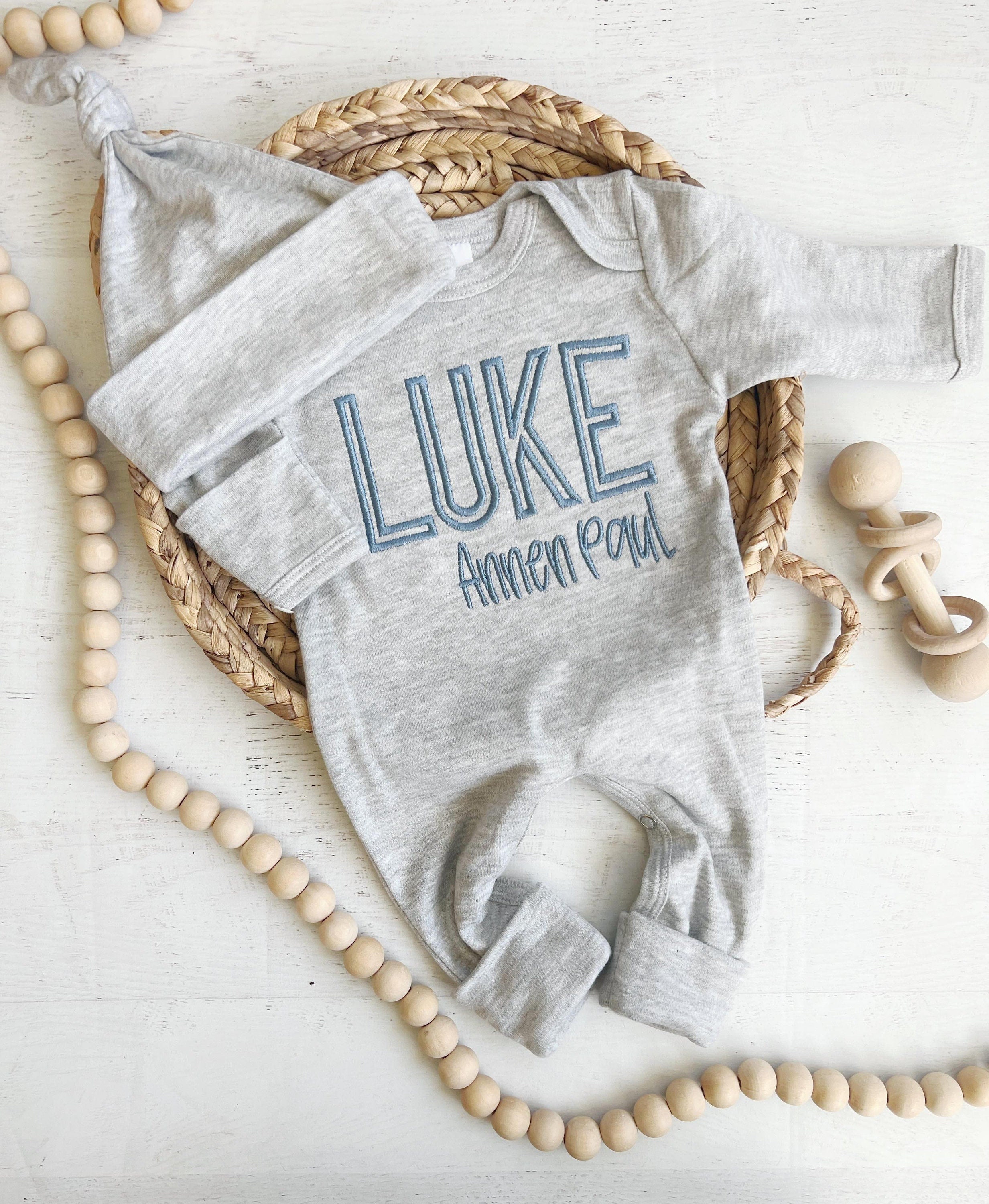 Personalized Baby Boy Outfit | Gray Romper Slate Blue Baby Name - styl ...